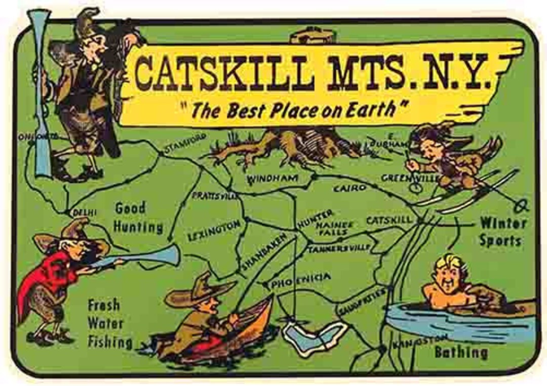 Vintage 1950's Style Catskill Mountains NY New York Map Retro Travel ...