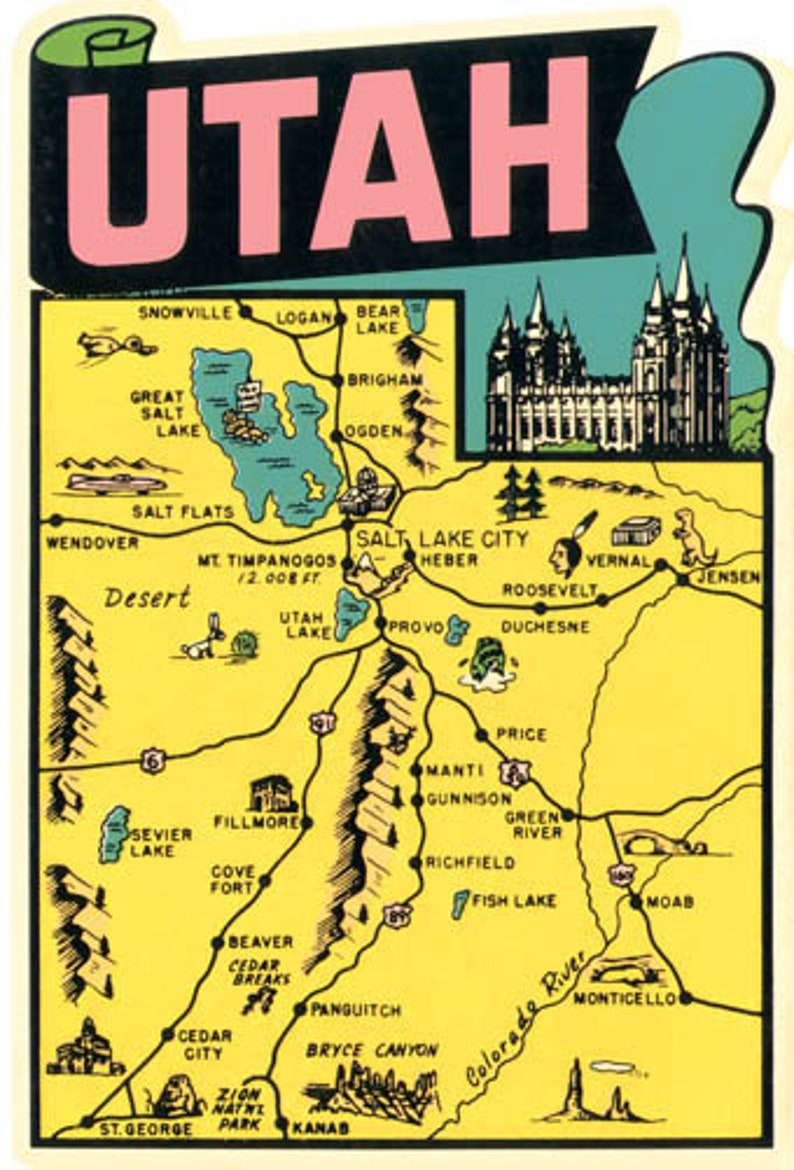 Vintage 1950's Style Utah the Friendly State Map Salt Lake City Capital ...