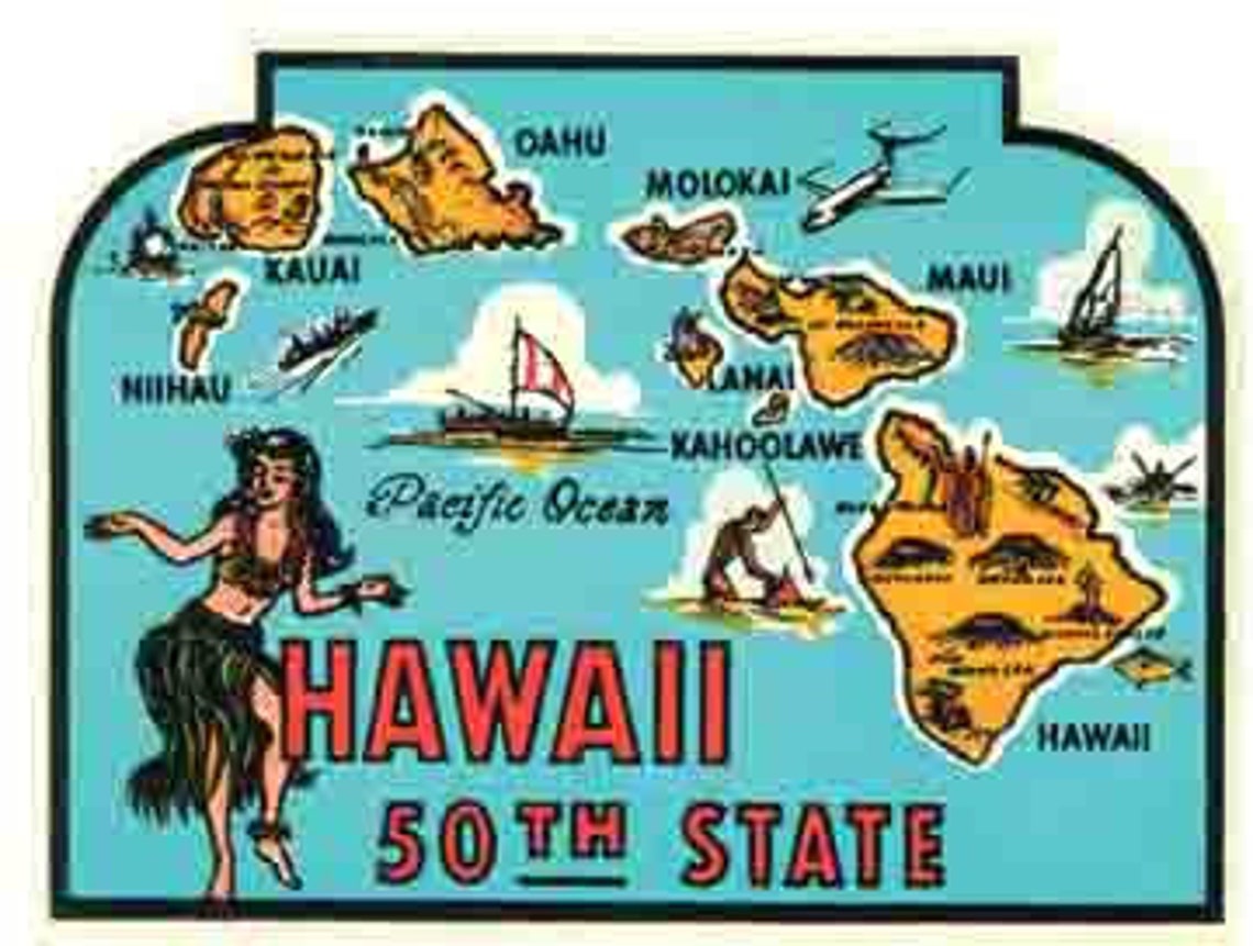 Vintage 1950's Style Hawaii the 50th State Islands Map - Etsy