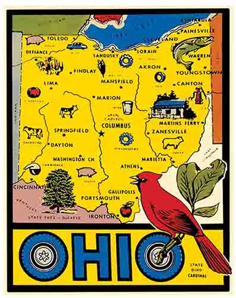 Vintage 1950's Style Ohio Cleveland Cincinnati Lake Erie Retro Travel ...