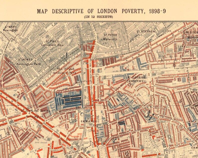 LONDON Poverty Map Oval, Brixton, Herne Hill 1898 Charles BOOTH ...