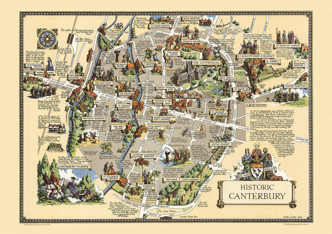 Historic CANTERBURY Map 1952 by Estra Clark Pictorial Map | Etsy UK
