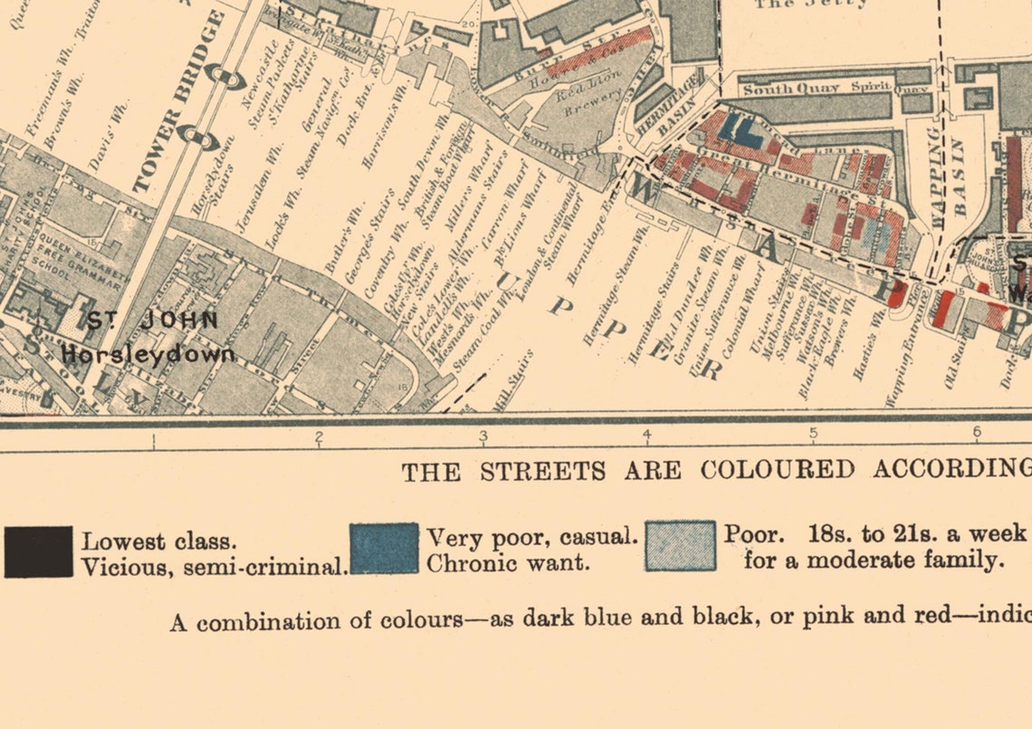 Charles Booth London Poverty Map Print: Whitechapel, Stepney, 1898 ...