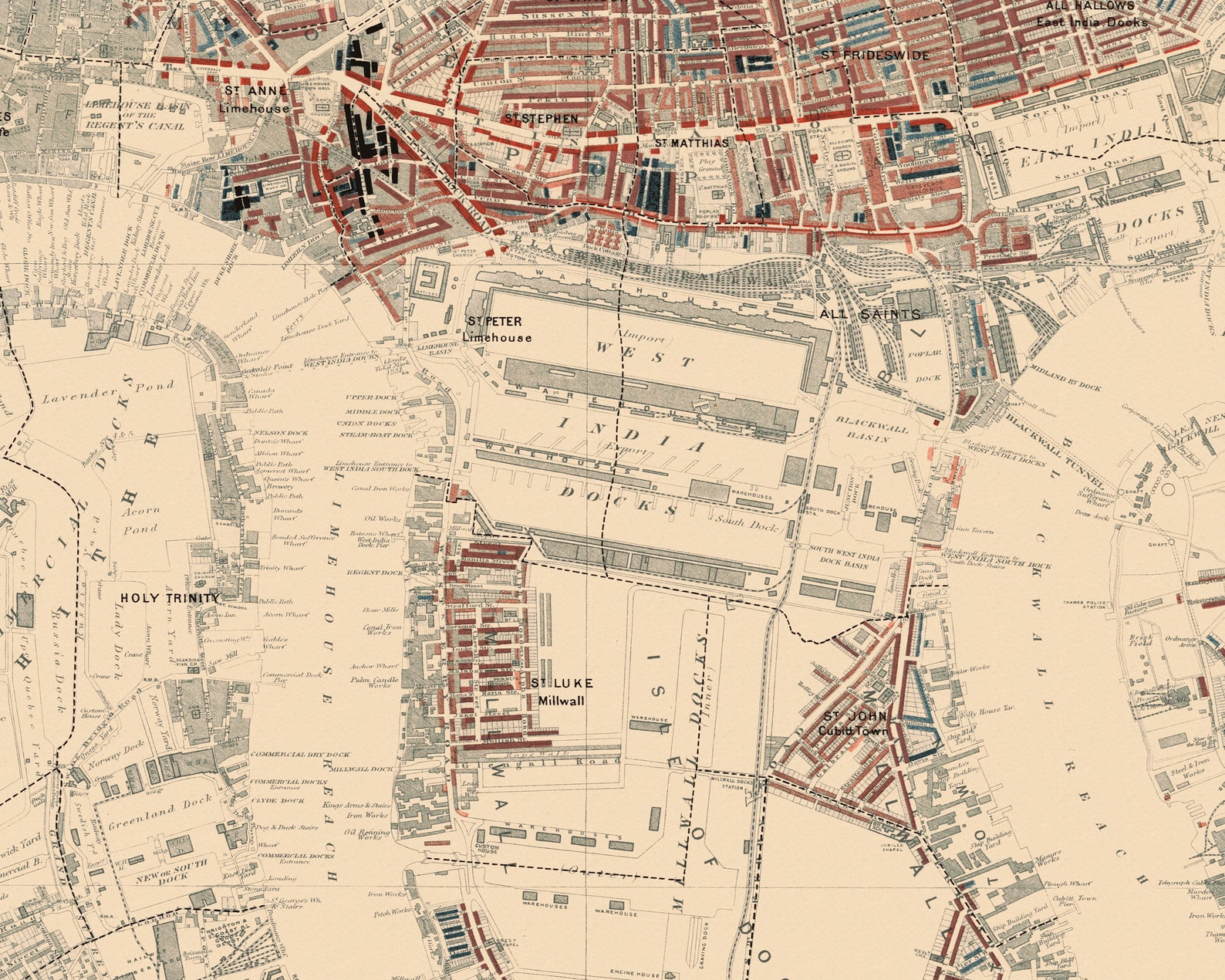 LONDON POVERTY Map Isle of Dogs, Poplar 1898-9 Charles Booth ...