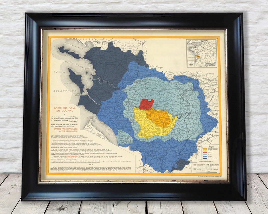 Vintage COGNAC Wine Region Map, Cognac France Map 1938 - Exceptional ...