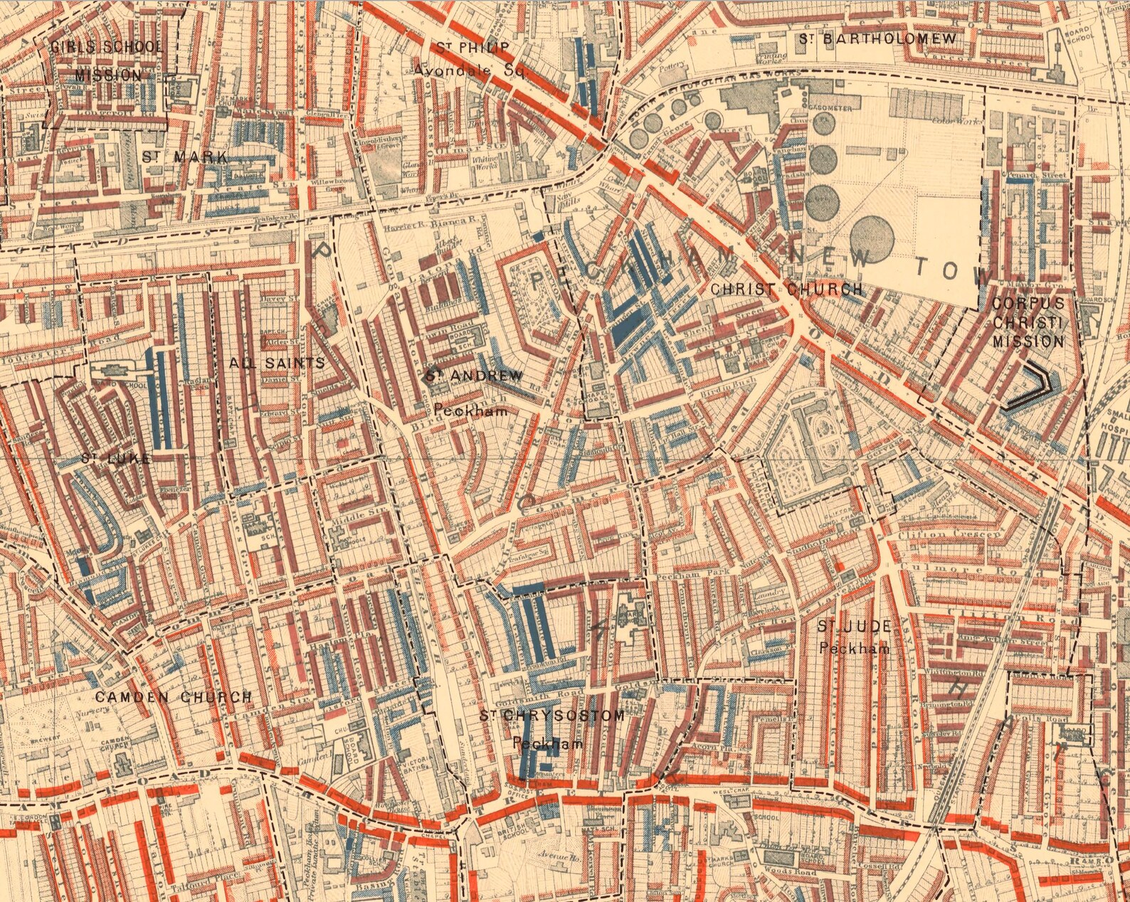 LONDON Poverty Map Oval, Brixton, Herne Hill 1898 Charles BOOTH ...