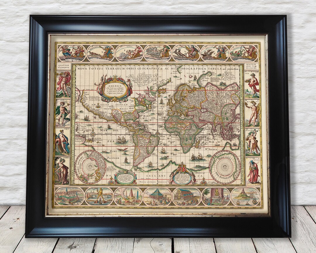 OLD WORLD Map 1635 by Willem Blaeu - World Wonders, Sea Monsters - Exceptional Quality 230gsm ...