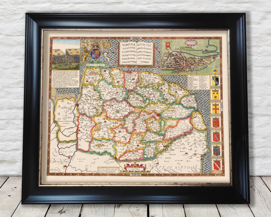Old NORFOLK Map John Speed 1611 Norwich Great Yarmouth Fakenham Diss ...