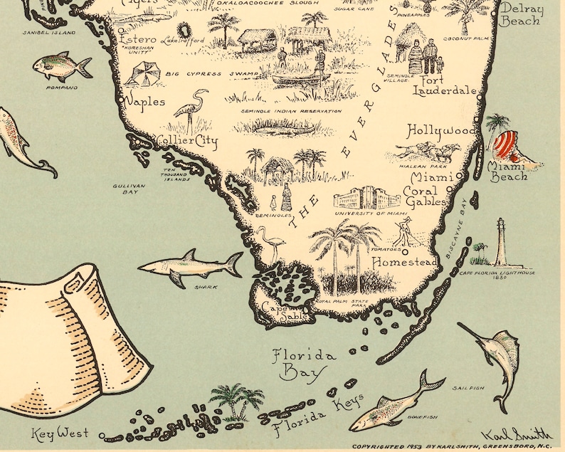 Superb FLORIDA Pictorial Map 1953 by Karl Smith - Miami, Everglades ...