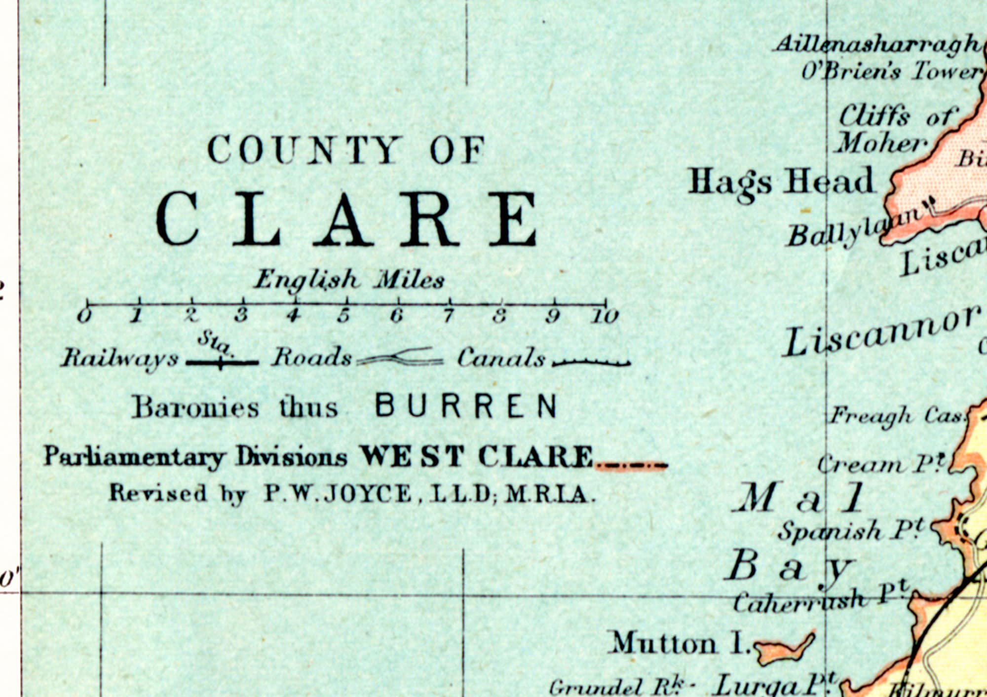County CLARE Irish Map 1897 Bartholomew - Ennis Shannon Kilrush ...
