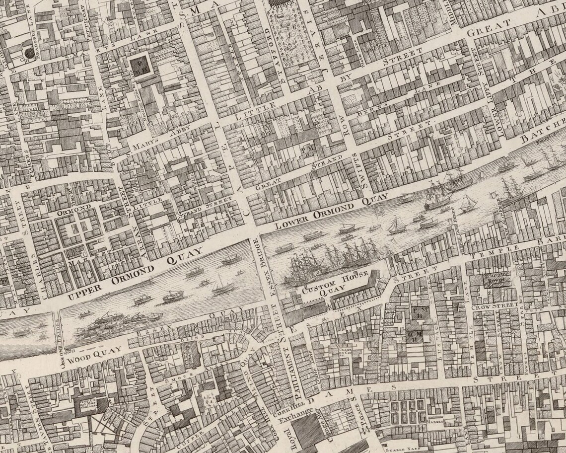 Old DUBLIN Map 1773 by John Rocque - River Liffey, Trinity College ...