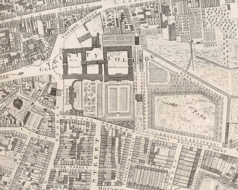 Old DUBLIN Map 1773 by John Rocque - River Liffey, Trinity College ...