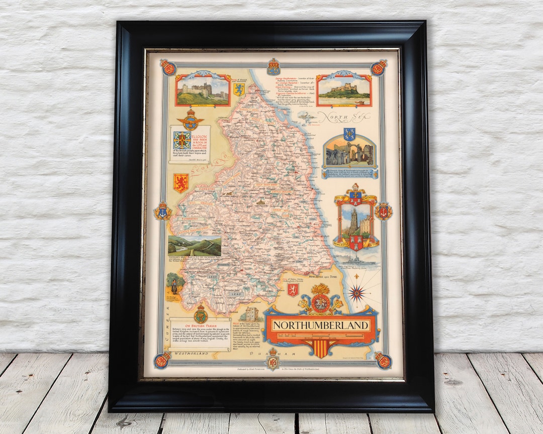 Vintage NORTHUMBERLAND Map, 1946, Ernest Clegg, Morpeth Hexham ...