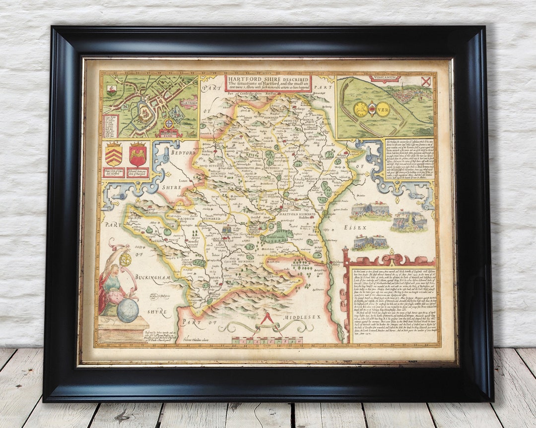 Old HERTFORDSHIRE Map by John Speed 1611 St Albans Watford Stevenage ...