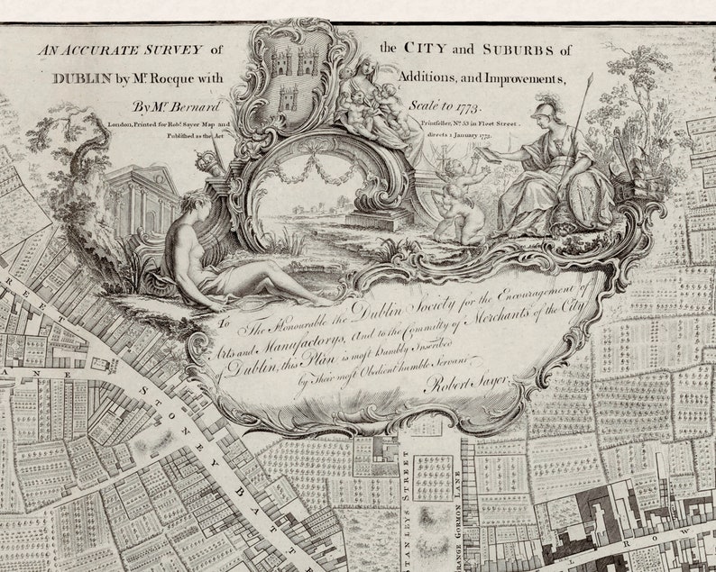 Old DUBLIN Map 1773 by John Rocque - River Liffey, Trinity College ...