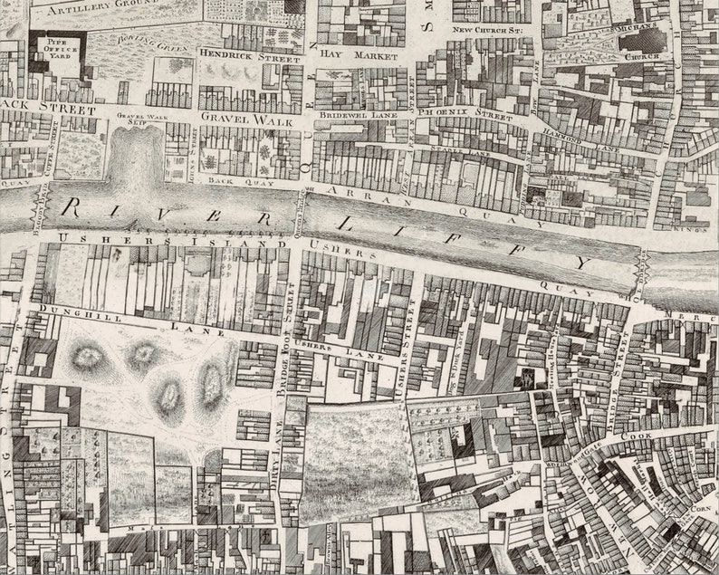 Old DUBLIN Map 1773 by John Rocque - River Liffey, Trinity College ...