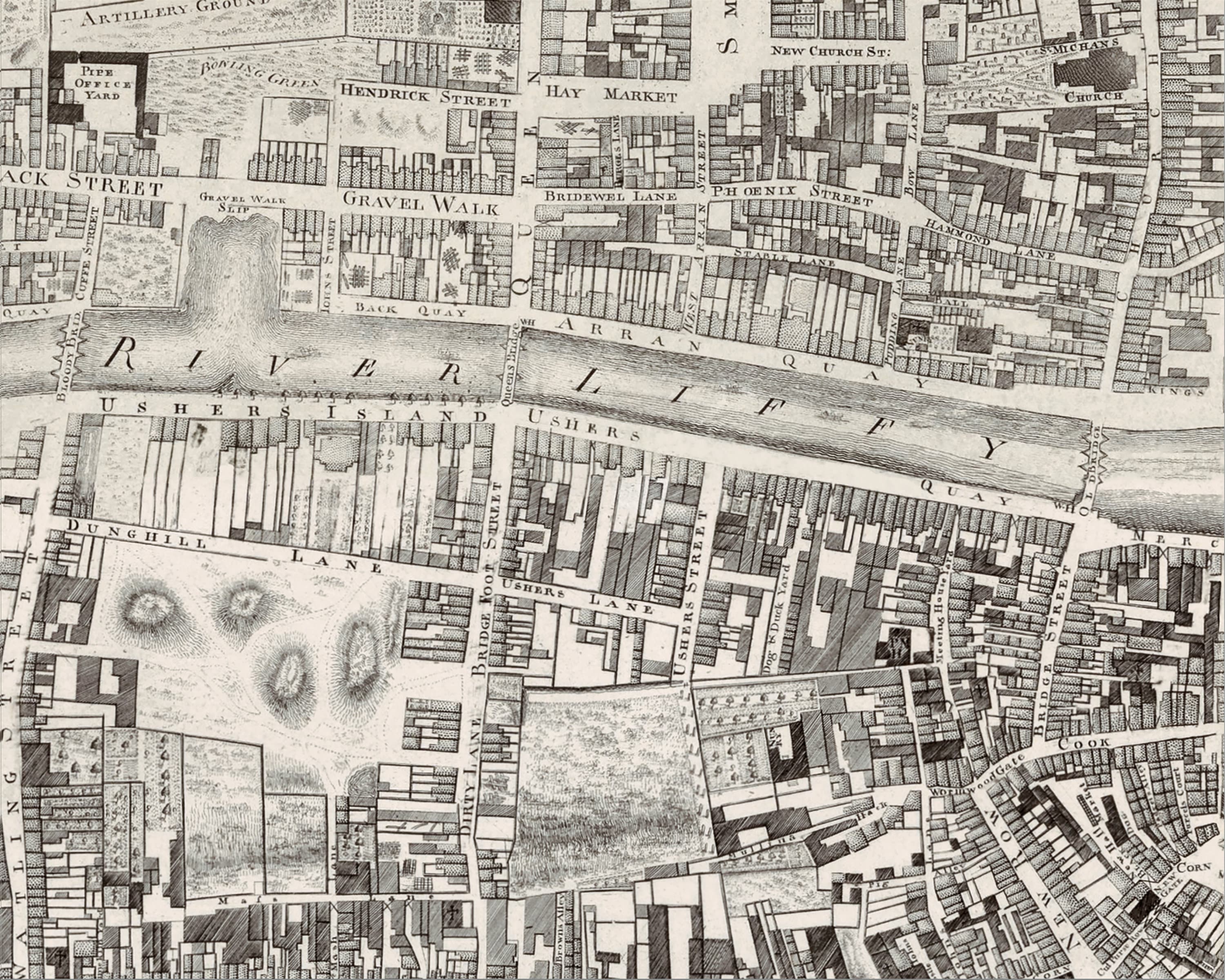 Old DUBLIN Map 1773 by John Rocque - River Liffey, Trinity College ...