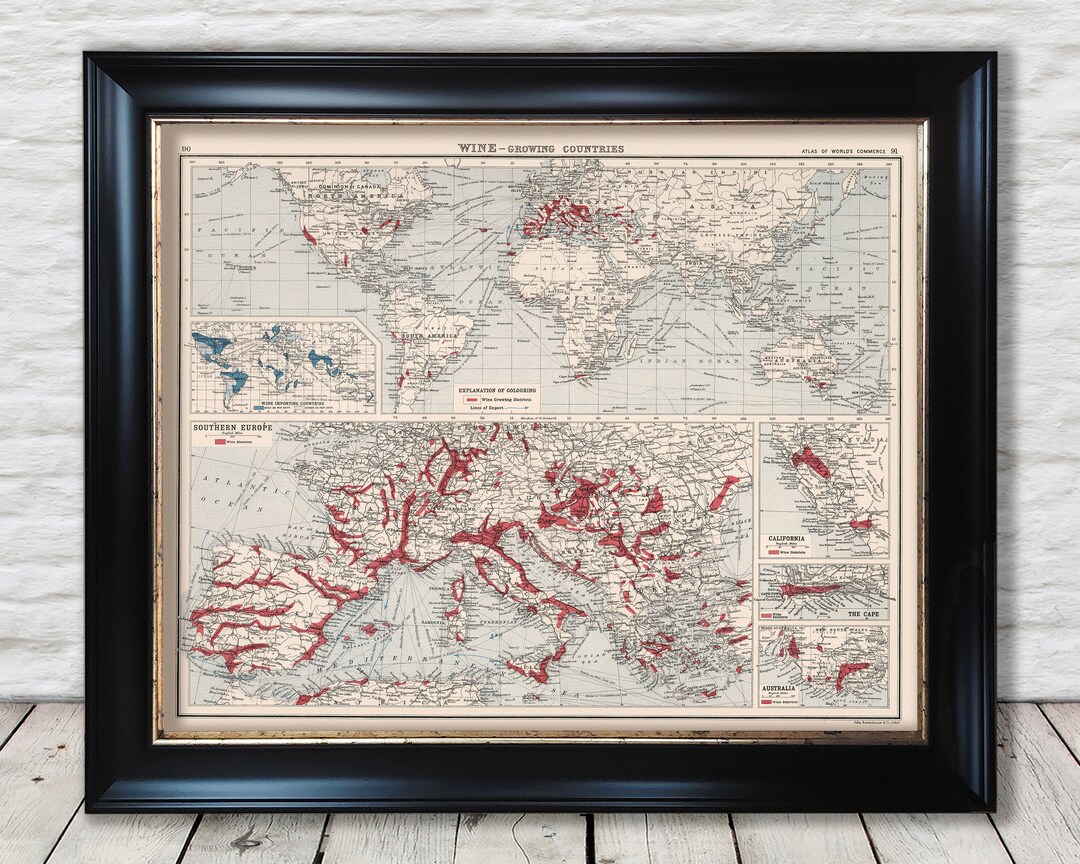 WINE Growing Countries Map 1907 Vintage Reproduction JG Bartholomew ...