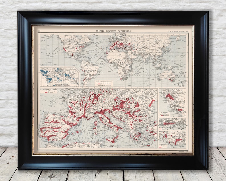 WINE Growing Countries Map 1907 Vintage Reproduction JG Bartholomew ...