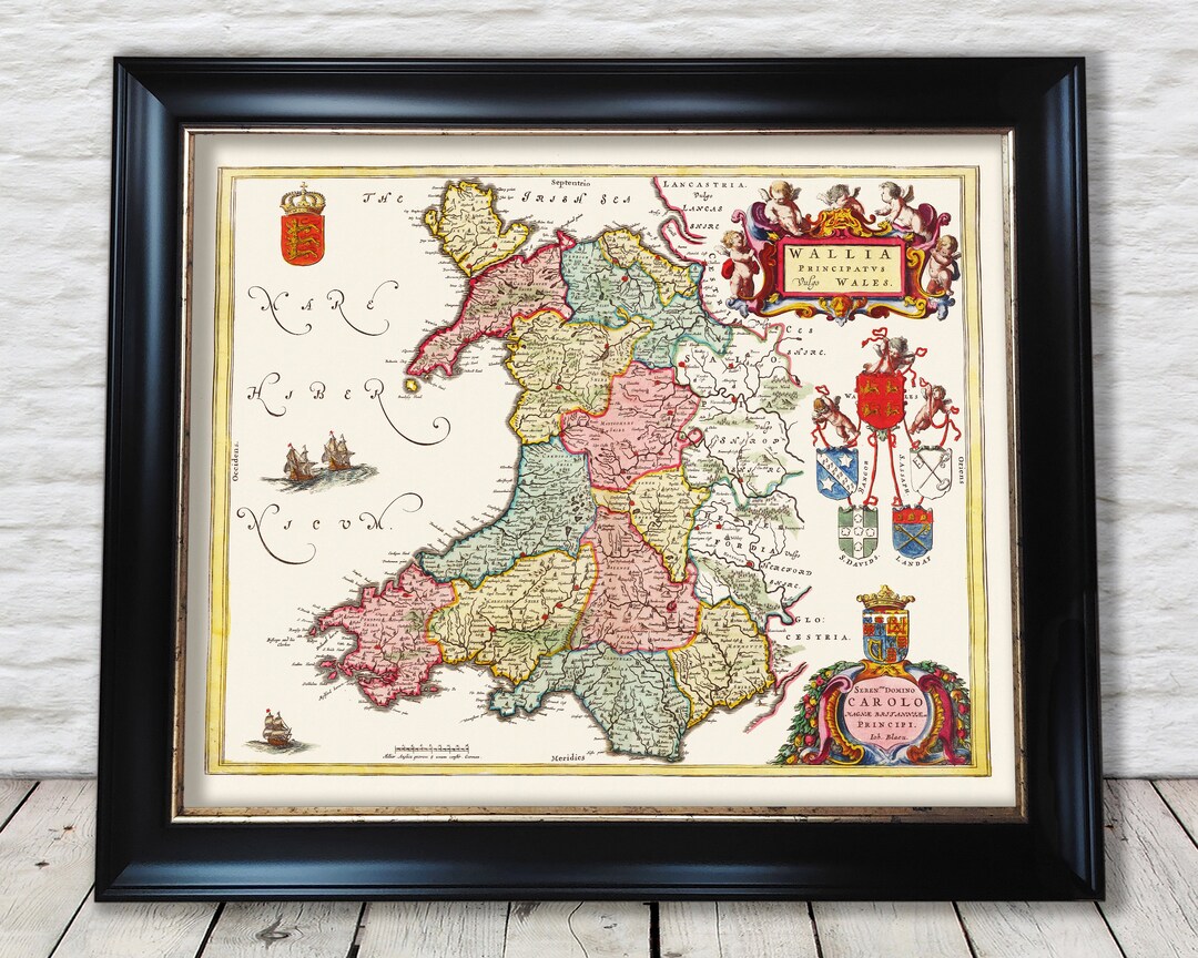 Stunning Old WALES Map by Joan Blaeu 1645 - Cardiff Swansea Neath ...