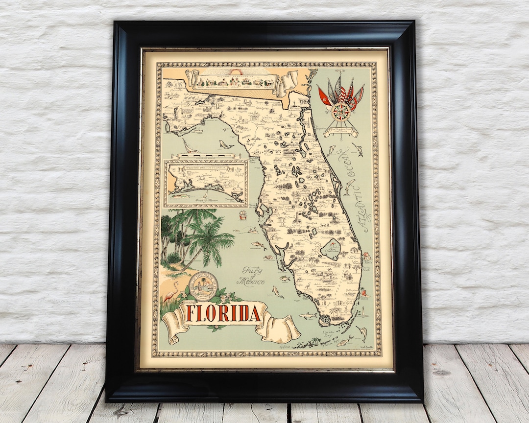Superb FLORIDA Pictorial Map 1953 by Karl Smith - Miami, Everglades ...