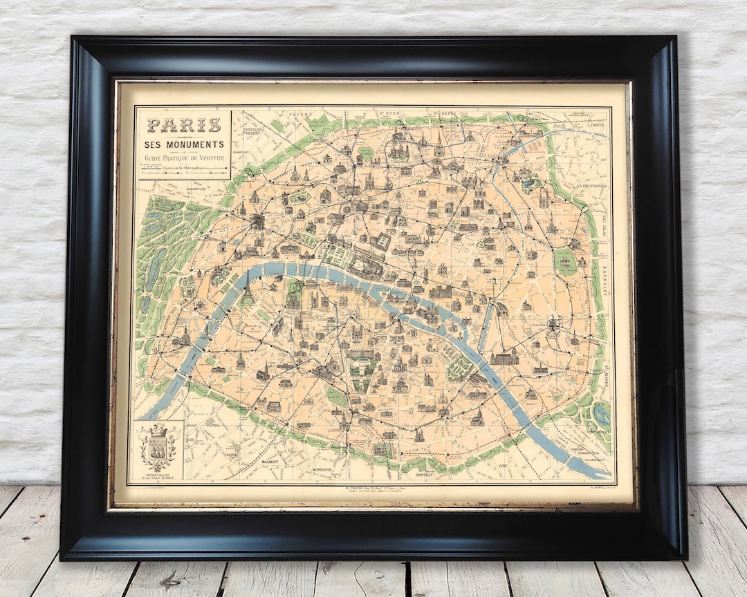 Vintage PARIS Monuments Map 1924 Borremans - Eiffel Tower, Notre Dame ...