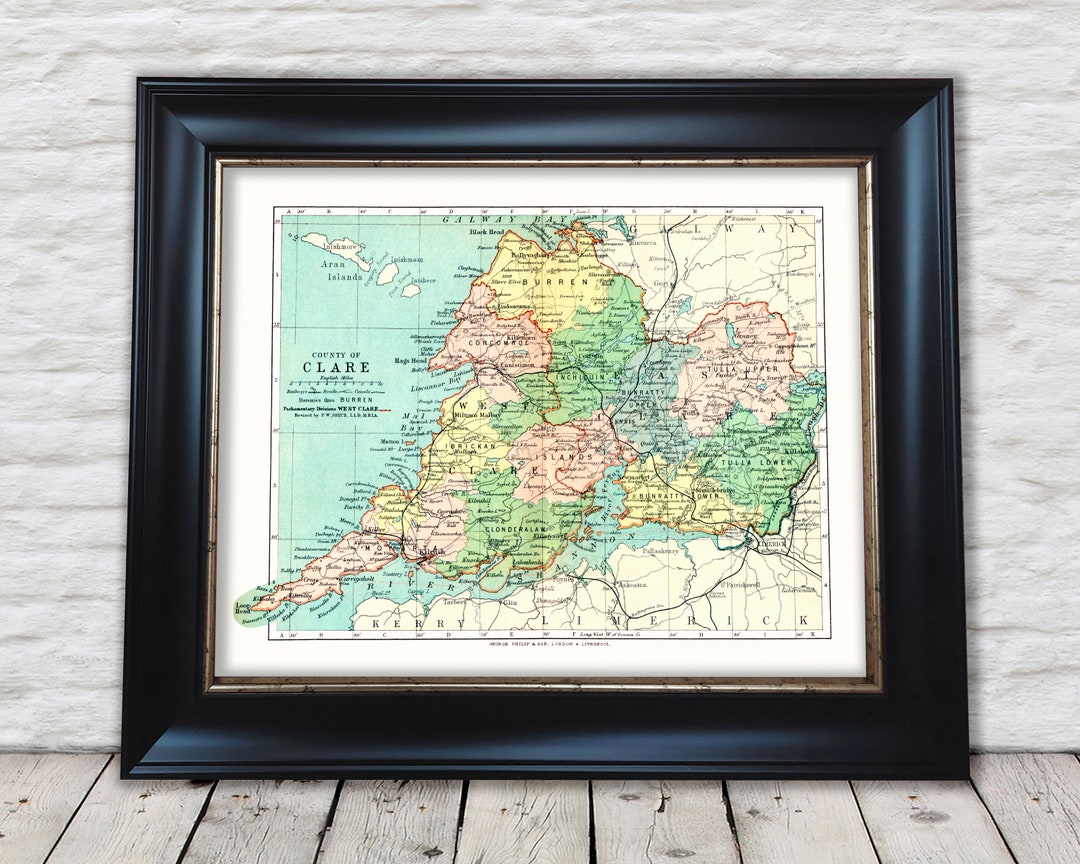 County CLARE Irish Map 1897 Bartholomew - Ennis Shannon Kilrush ...