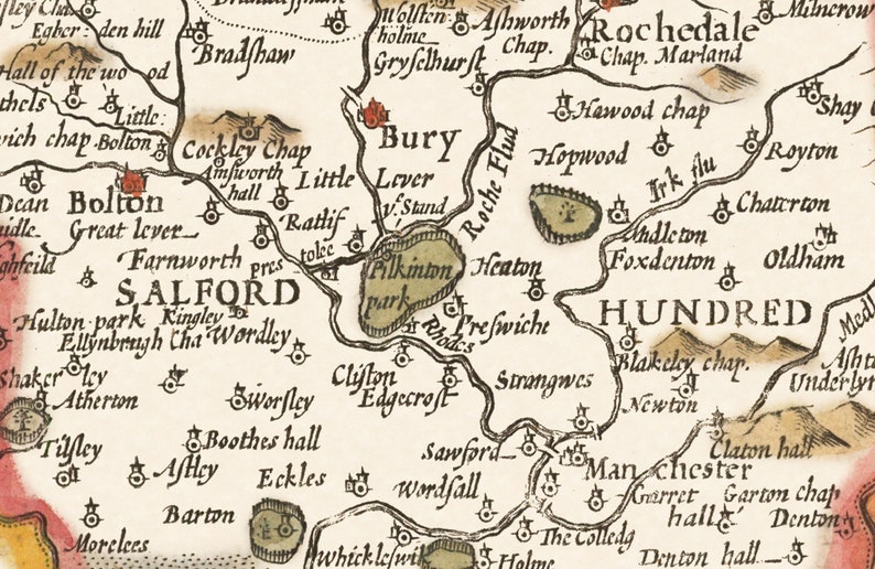 Old LANCASHIRE Map 1610 by John Speed - Manchester Liverpool Lancaster ...