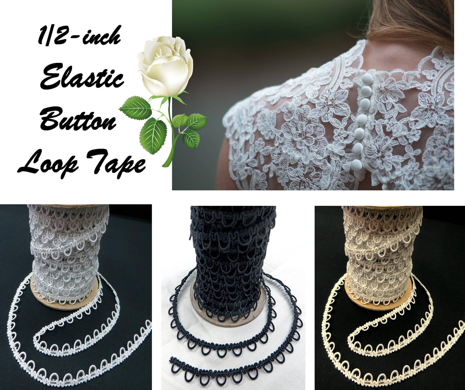 1/2-inch Elastic Button Loop Tape White | Ivory | Black - Etsy