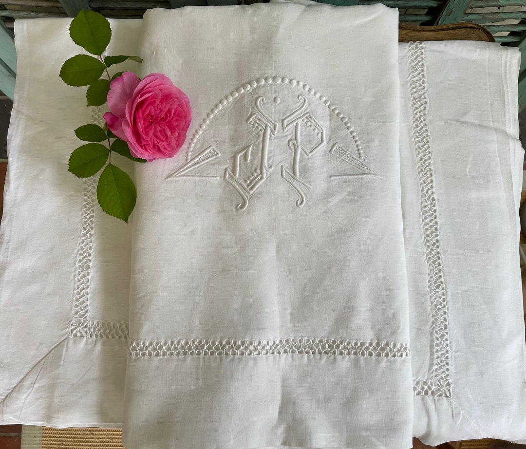 Antique French LINEN Monogrammed SHEET JP - Etsy