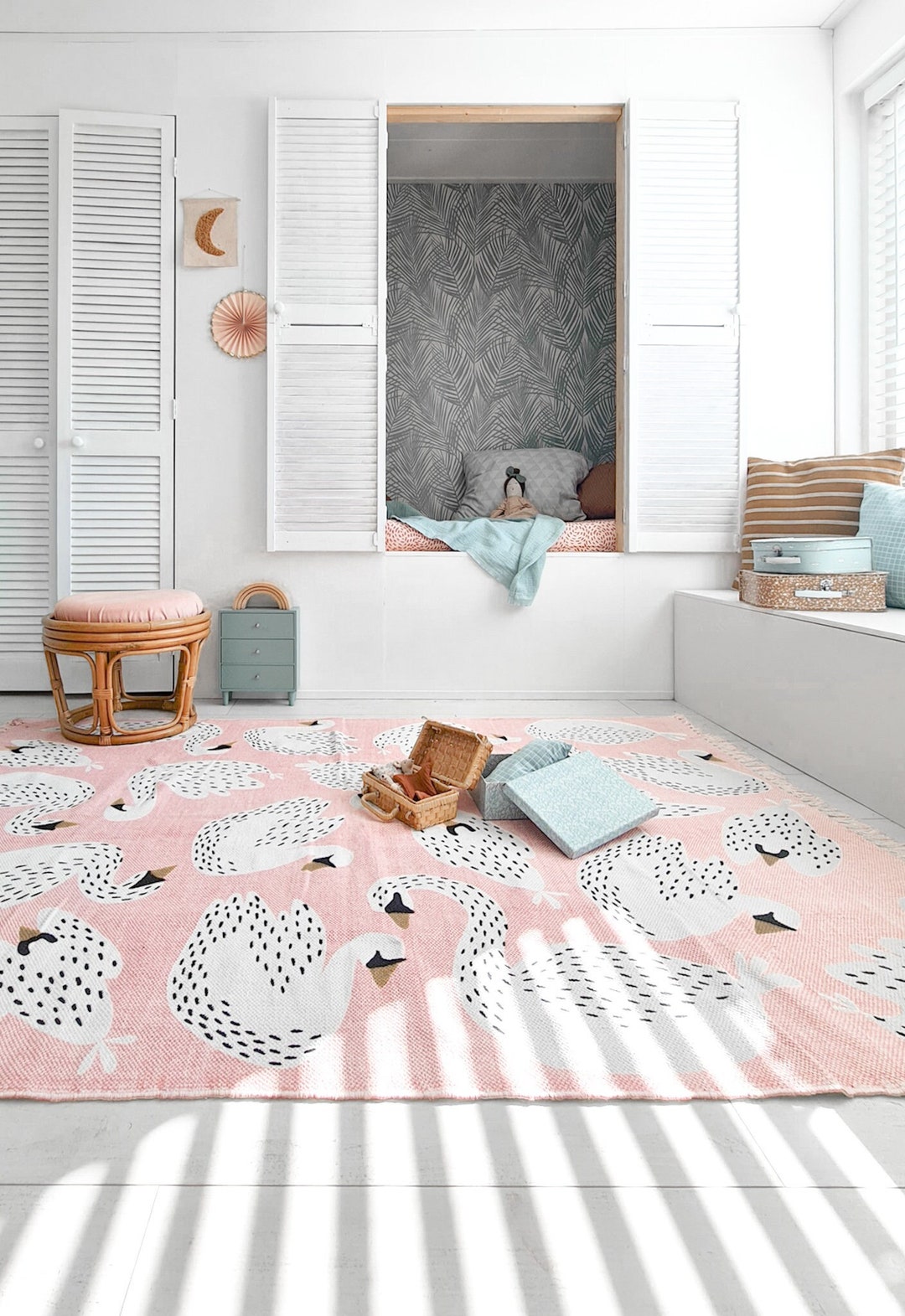 Pink Nursery Rug, Swan Rug, Pink Rug, Girl's Room Rug, Kids Rug, Gift ...