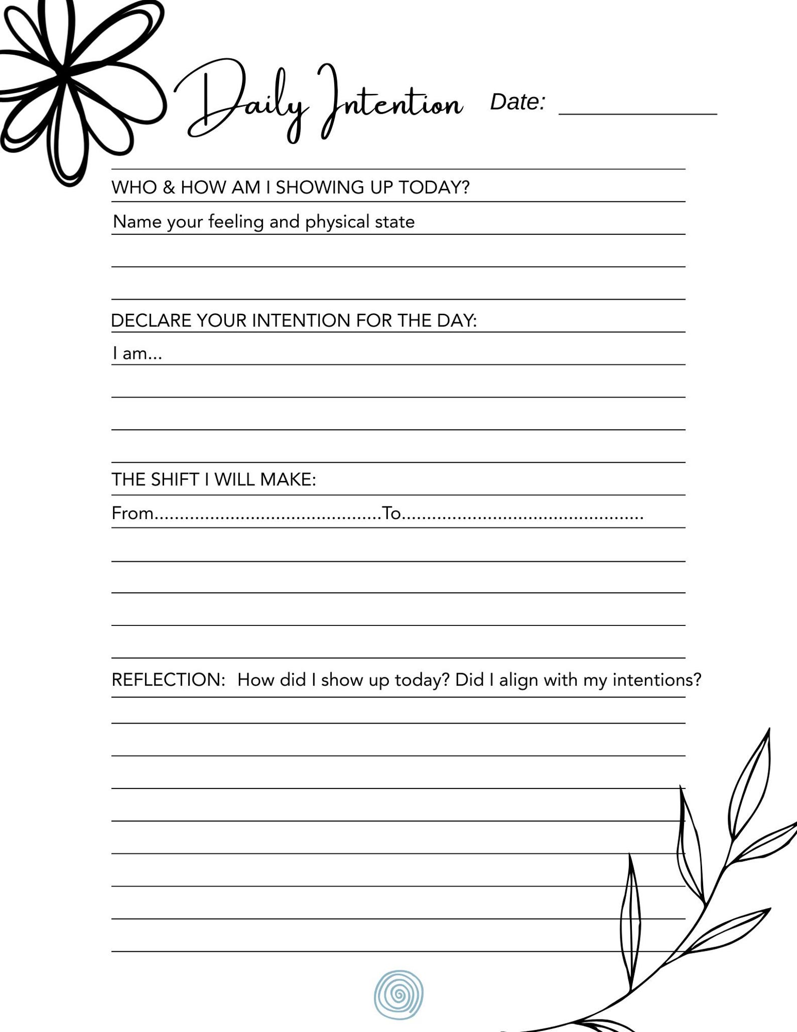 Daily Intention Worksheet | Printable Daily Mindfulness Prompt ...