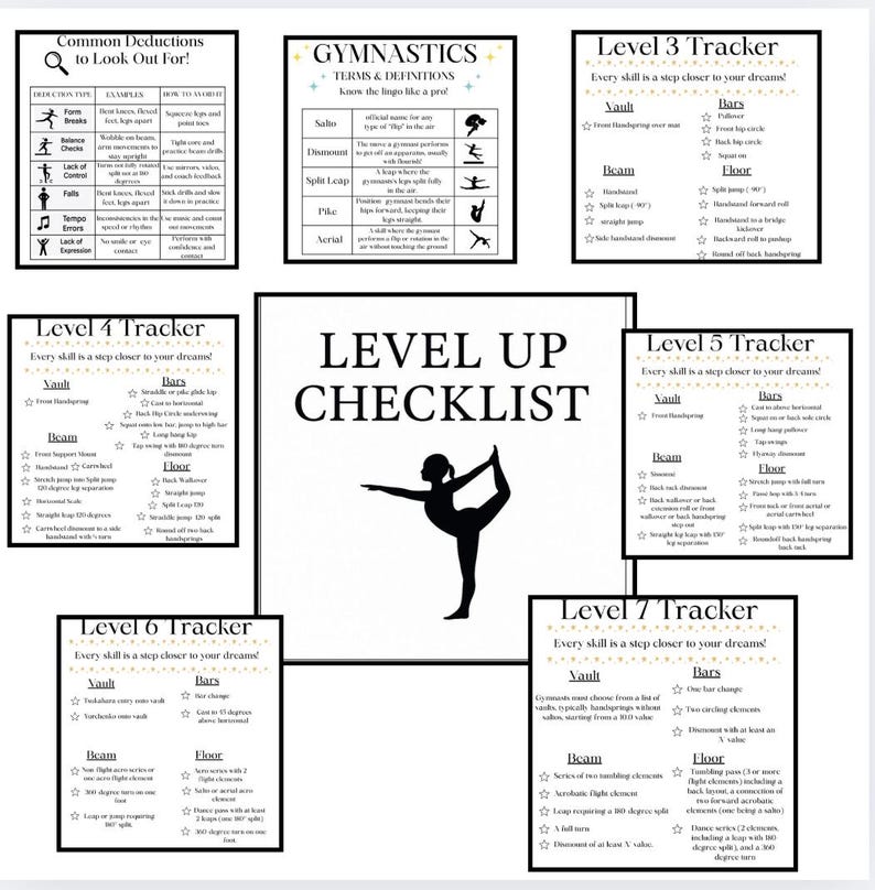 Gymnastics Level up Skill Checklist Bundle | Levels 3-7 (instant ...