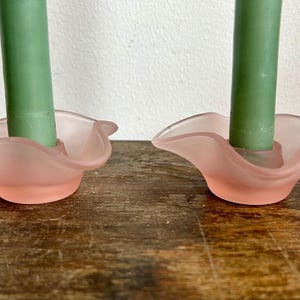 Funky Pair of Frosted Glass Pink Flower Candlesticks Holders Glass ...