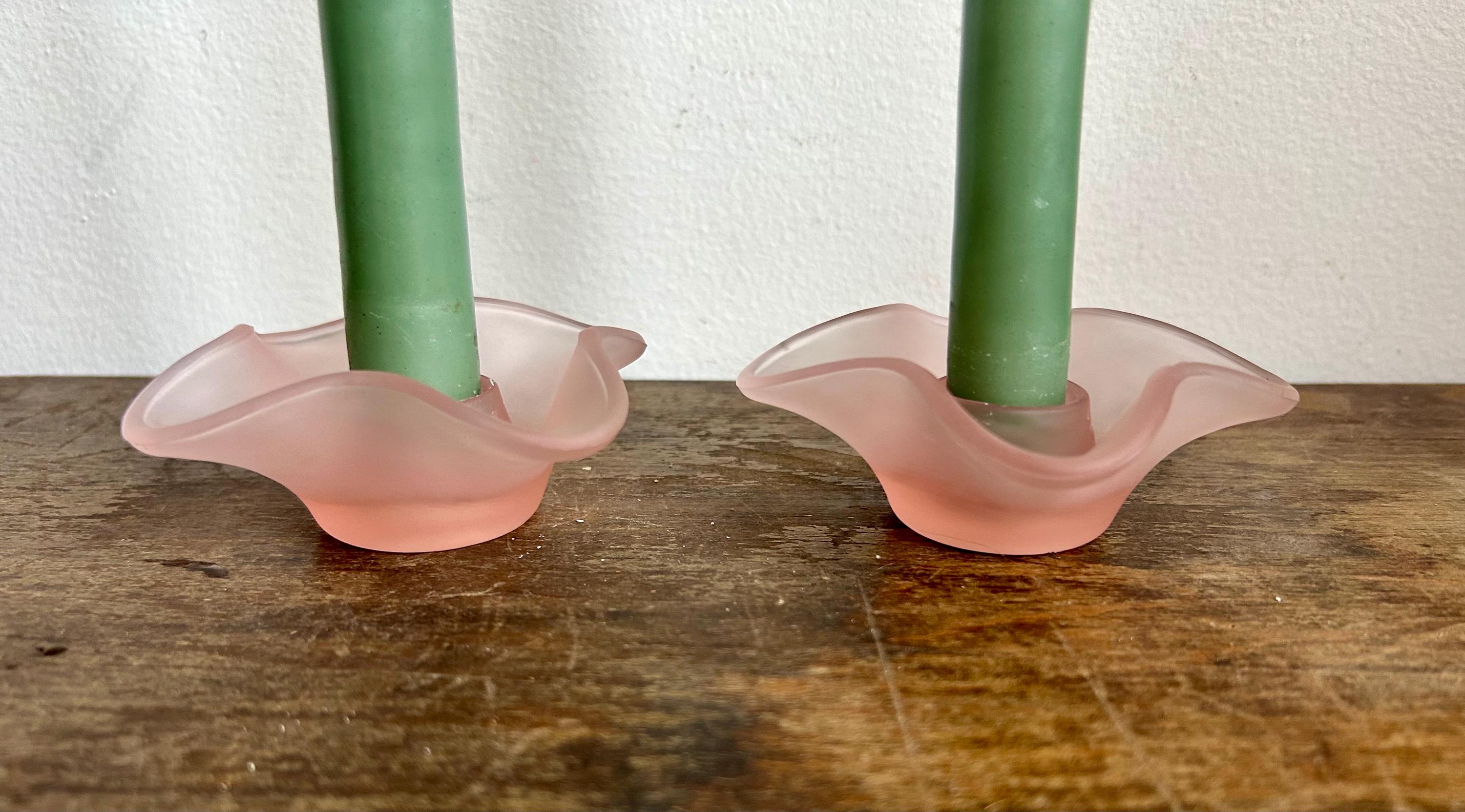 Funky Pair of Frosted Glass Pink Flower Candlesticks Holders Glass ...
