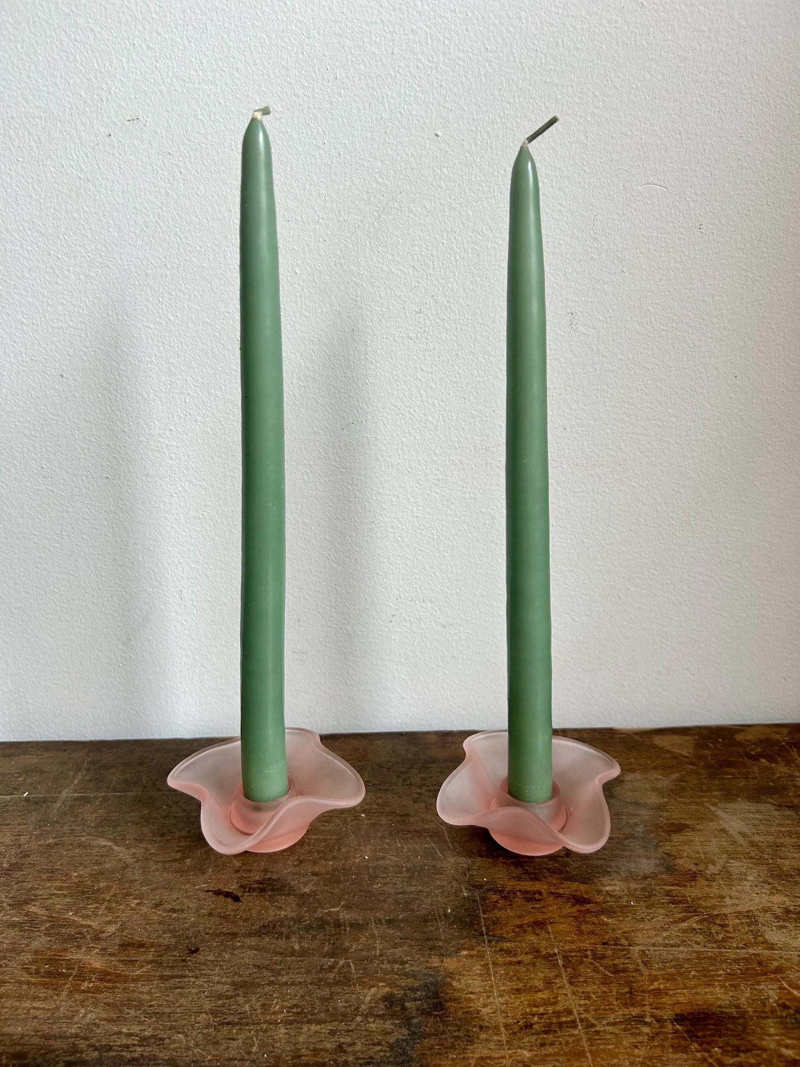 Funky Pair of Frosted Glass Pink Flower Candlesticks Holders Glass ...
