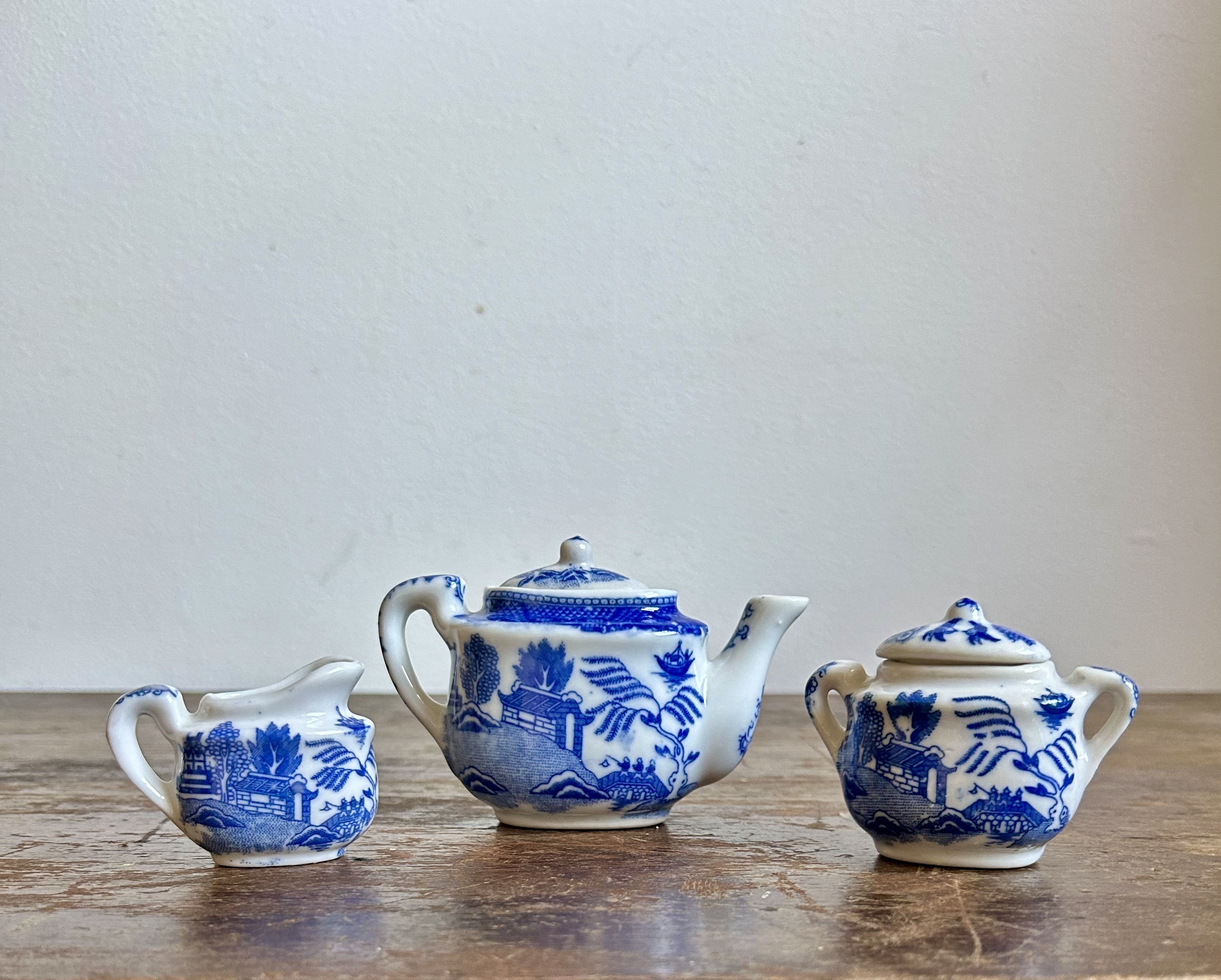 Willow Blue Miniature Tea Set, 3 Pieces C. 1920-1945 Vintage Miniature ...