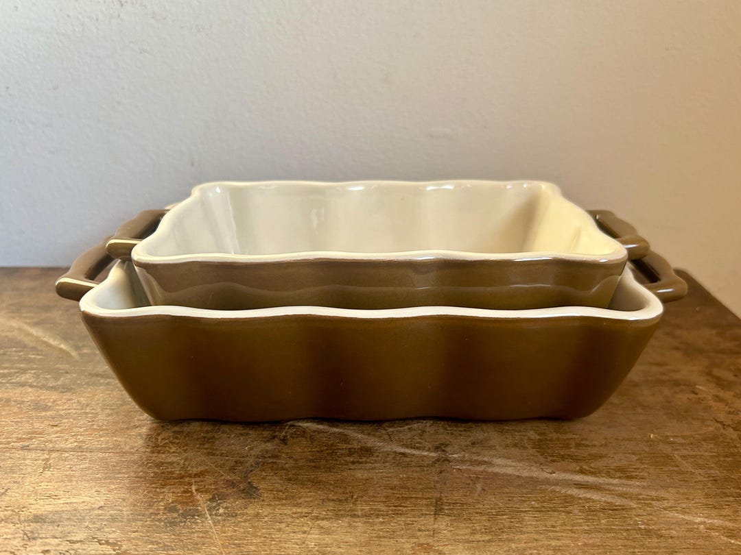 Vintage Ruffled Brown and White Ceramic Bakeware, Set of 2 | BW Boston ...