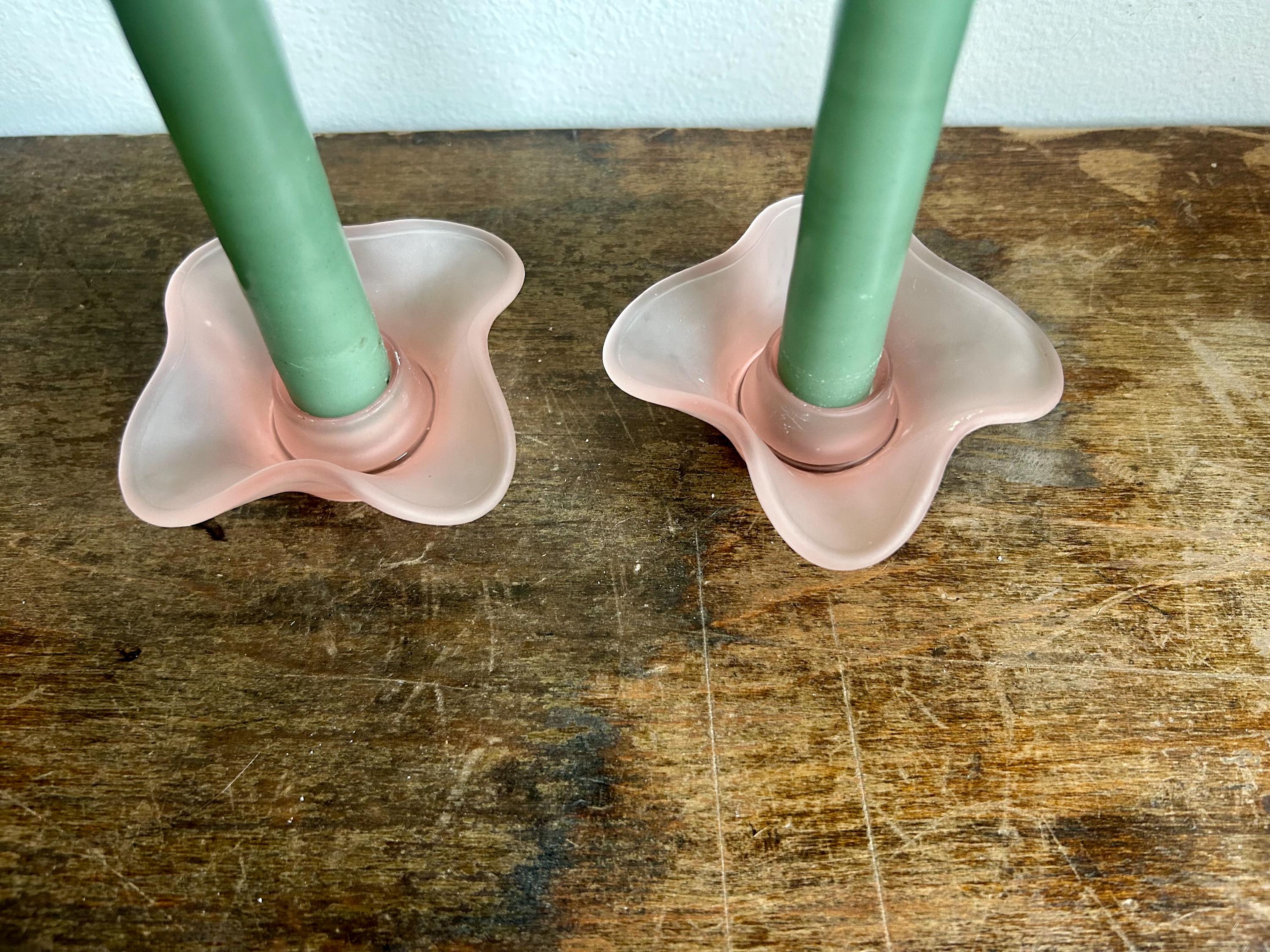 Funky Pair of Frosted Glass Pink Flower Candlesticks Holders Glass ...