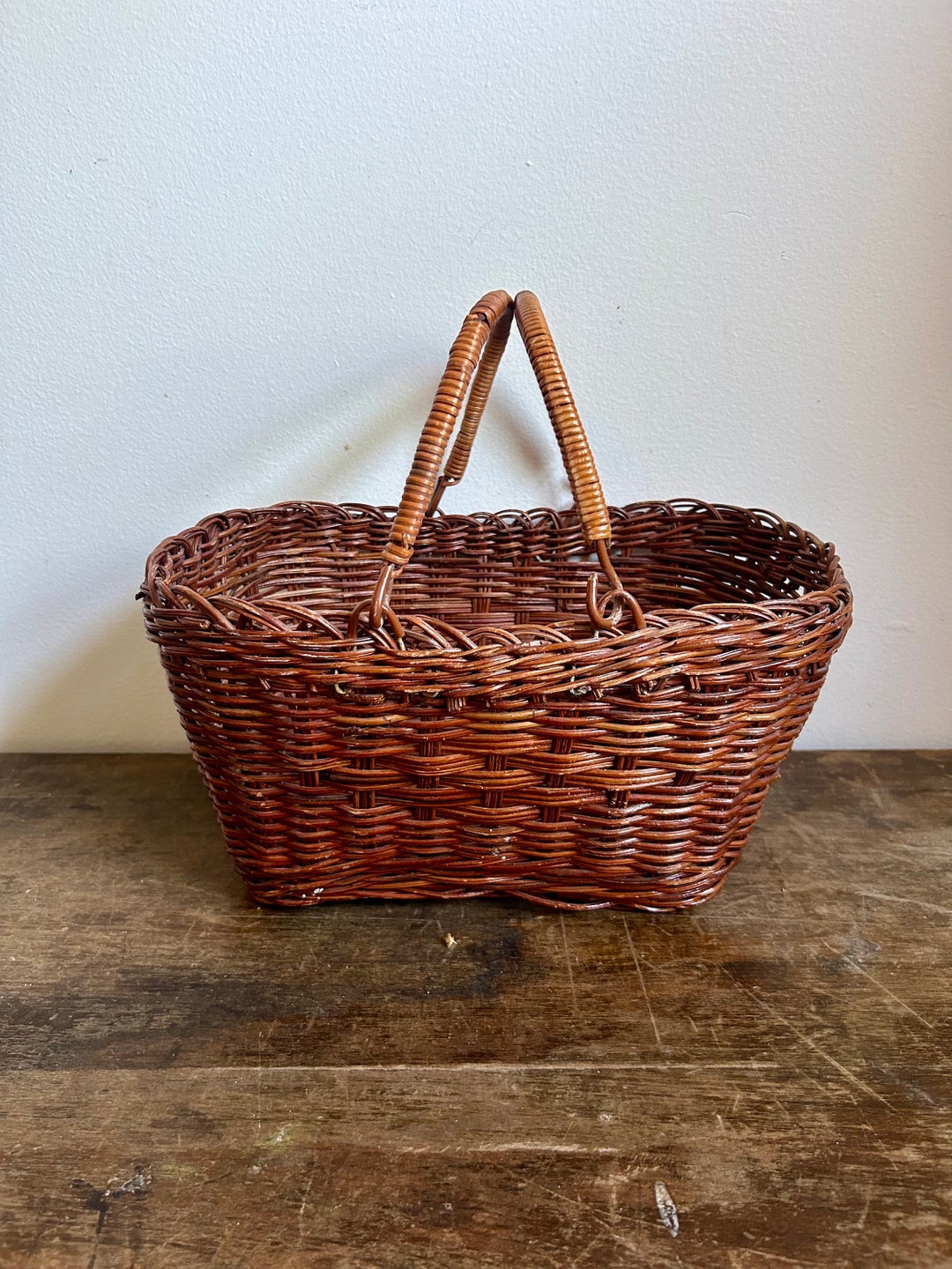 Vintage Wicker Double Swing Handle Dark Brown Basket | Country ...