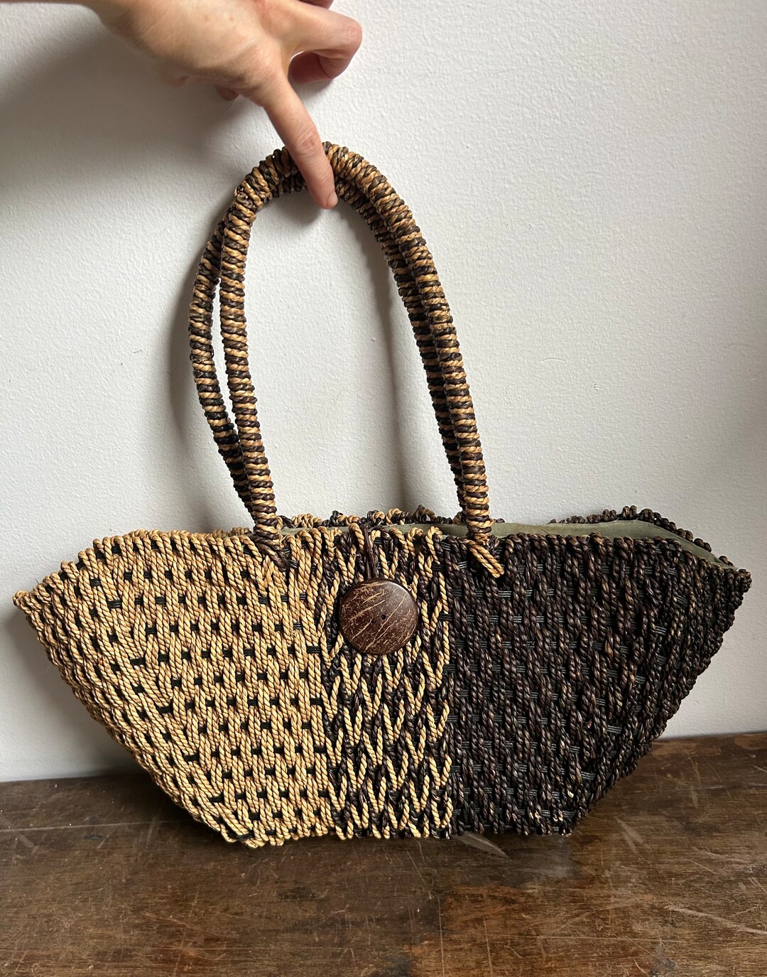Vintage Woven Straw Tote Natural Straw Shoulder Bag Black & Tan Straw ...