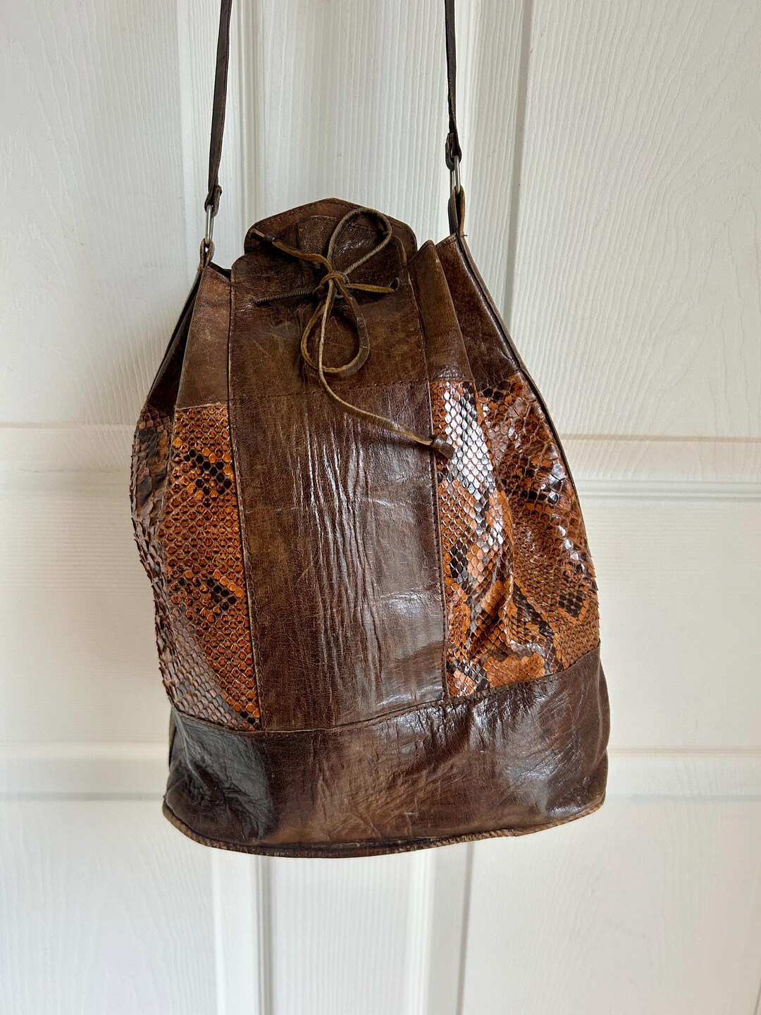 Vintage 1970's Leather and Snake Skin Bucket Bag With Drawstring ...
