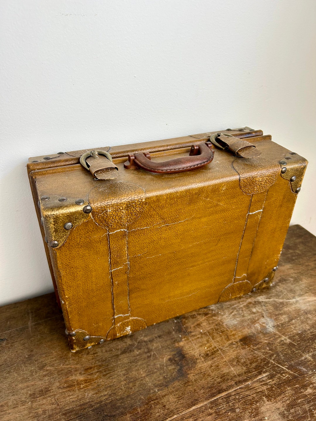 Vintage Brown Caramel Distressed Leather Hard Case 14 Suitcase Luggage ...