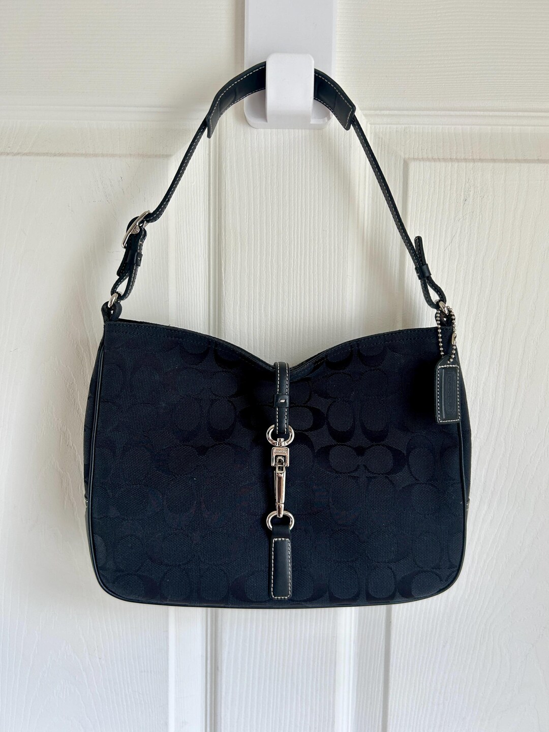 Vintage Coach 6091 Hampton Black Signature Canvas Leather Shoulder Hobo ...