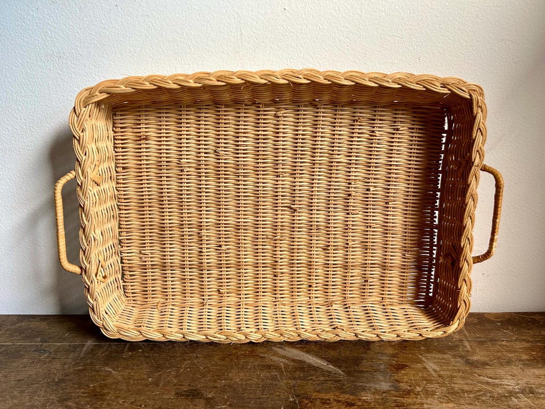 Vintage Wicker Rectangular Serving Tray With Handles | Decorative Tray ...