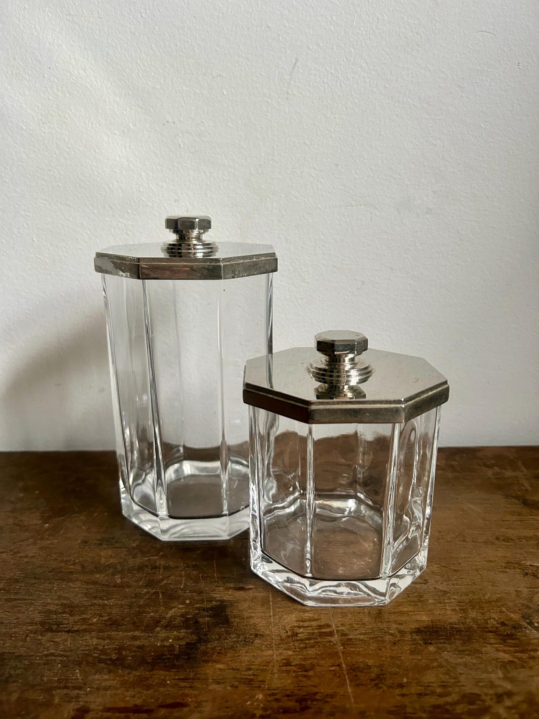 Vintage Silver Tone Lidded Heavy Glass Octagonal Vanity Jars, Set of 2 ...
