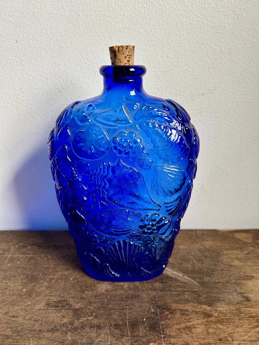 Vintage Cobalt Blue Glass Seashell Bottle With Cork Vintage Apothecary ...