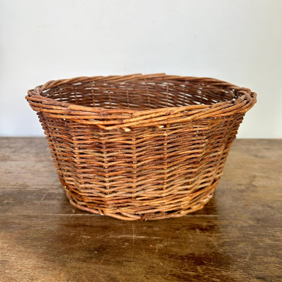 Vintage Woven Wicker Basket | Rustic Round Storage Basket | Cottagecore ...