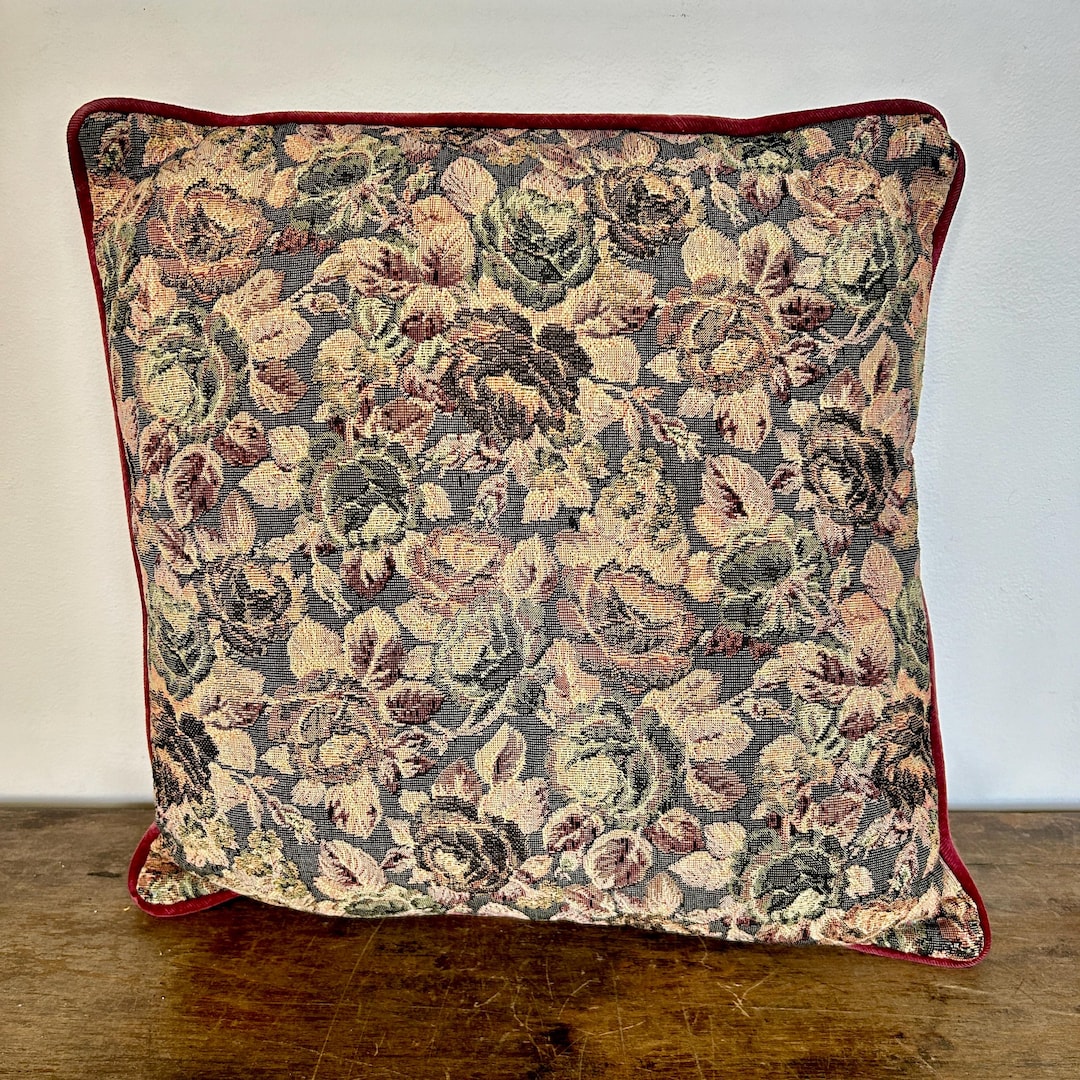 Vintage Tapestry Throw Pillow Rose Motif | Floral Pillow | Cottagecore ...