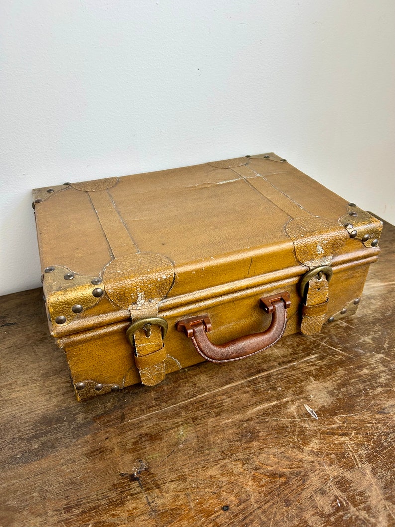 Vintage Brown Caramel Distressed Leather Hard Case 14 Suitcase Luggage ...